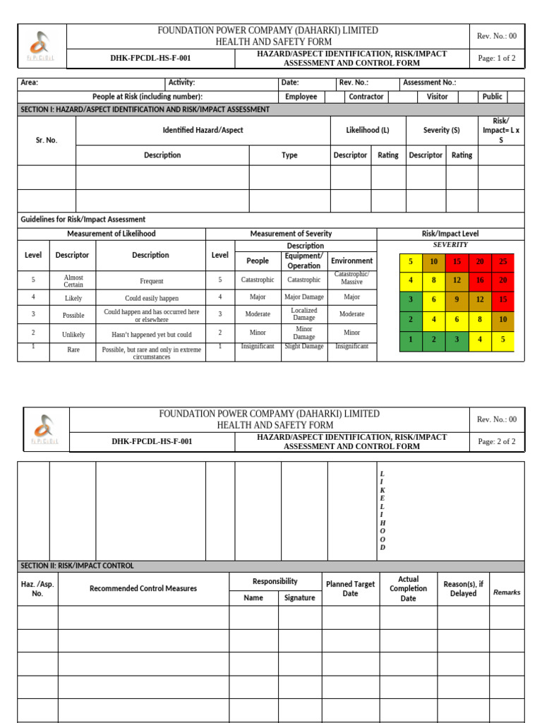 DHK-FPCDL-HS-F-001 (HAZARD ASPECT IDENTIFICATION RISKIMPACT ASSESSMENT AND CONTROL FORM) | PDF ...