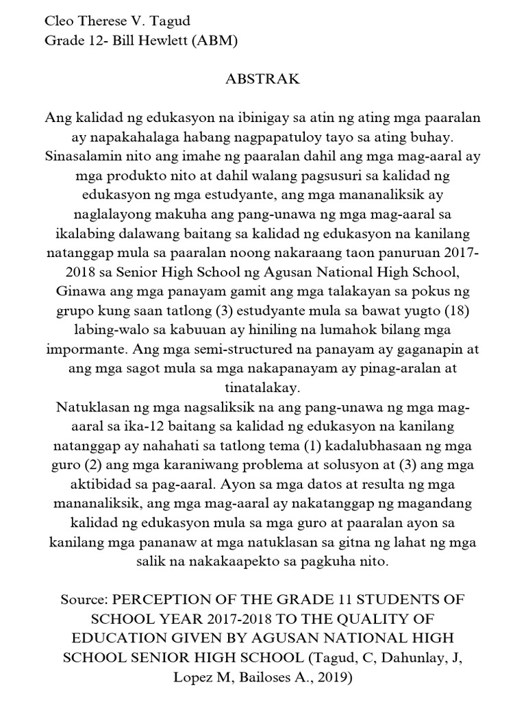 Cleo Therese V. Tagud Grade 12 - Bill Hewlett (ABM) ABSTRAK Ang Kalidad ...