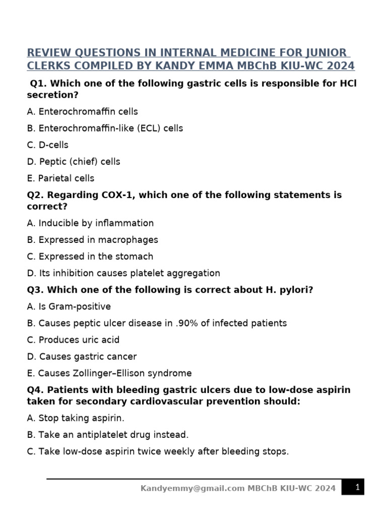 REVIEW QUESTIONS IN INTERNAL MEDICINE FOR JUNIOR CLERKS COMPILED BY ...