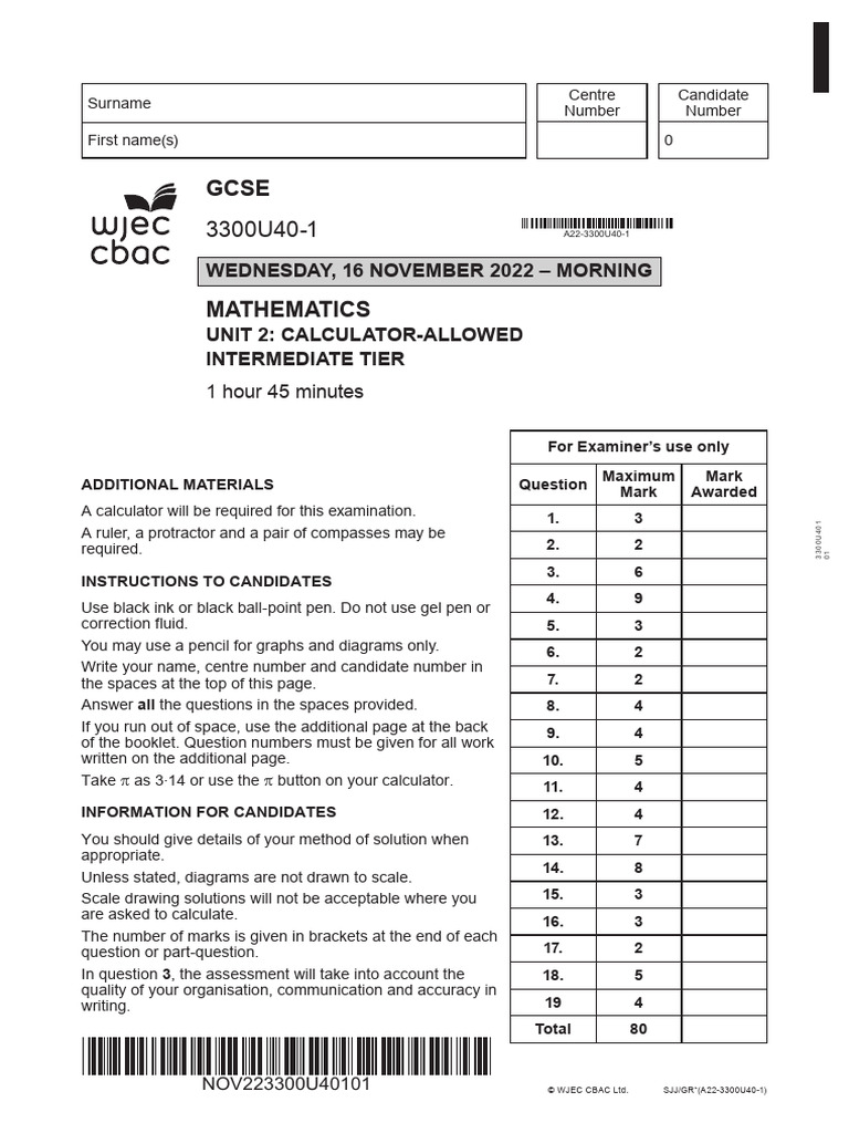 WJEC GCSE Maths Intermediate Paper 2 November 2022 | PDF | Area | Circle