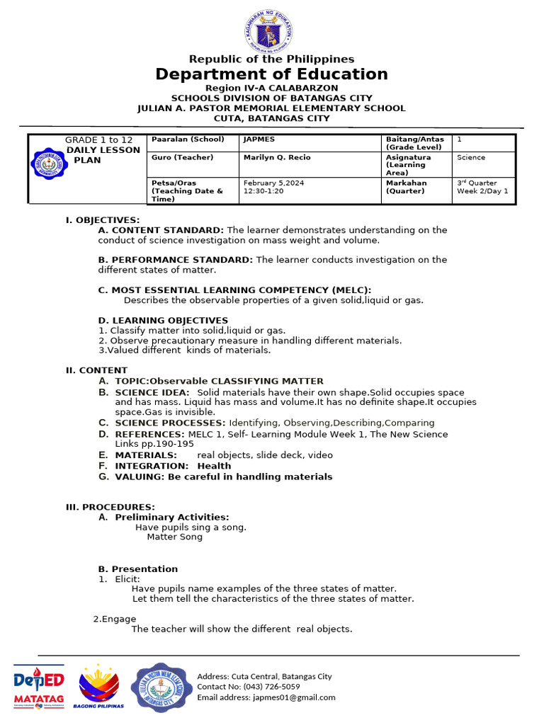 DLL IN SCIENCE WEEK 2 | PDF | Learning | Force