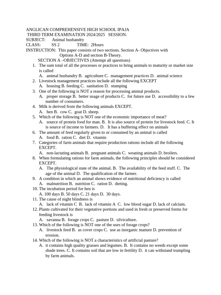 SS2 Animal Husbandry Exam 2024/2025 | PDF | Livestock | Ruminant