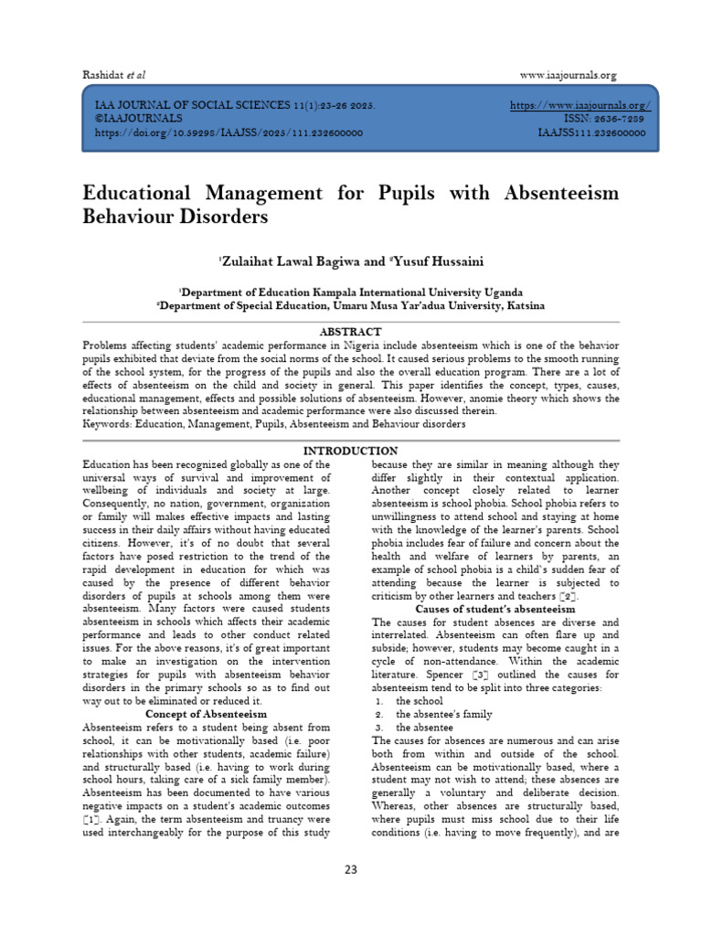 Educational Management For Pupils With Absenteeism Behaviour Disorders ...