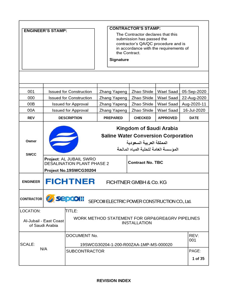 Method Statement for GRP & GRE Work_001 | PDF | Fiberglass | Pipe (Fluid Conveyance)
