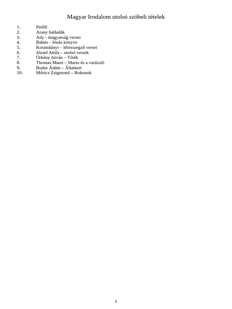 Magyar Irodalom Utolsó Szóbeli Tételek | PDF