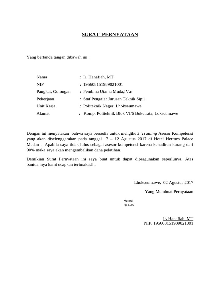 Surat Pernyataan Ikut Training Asesor | PDF