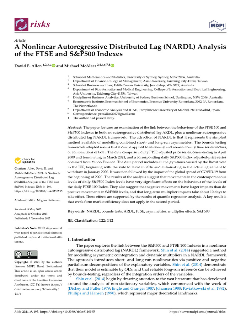 2021 - A Nonlinear Autoregressive Distributed Lag (NARDL) Analysis of The FTSE and S&P500 ...