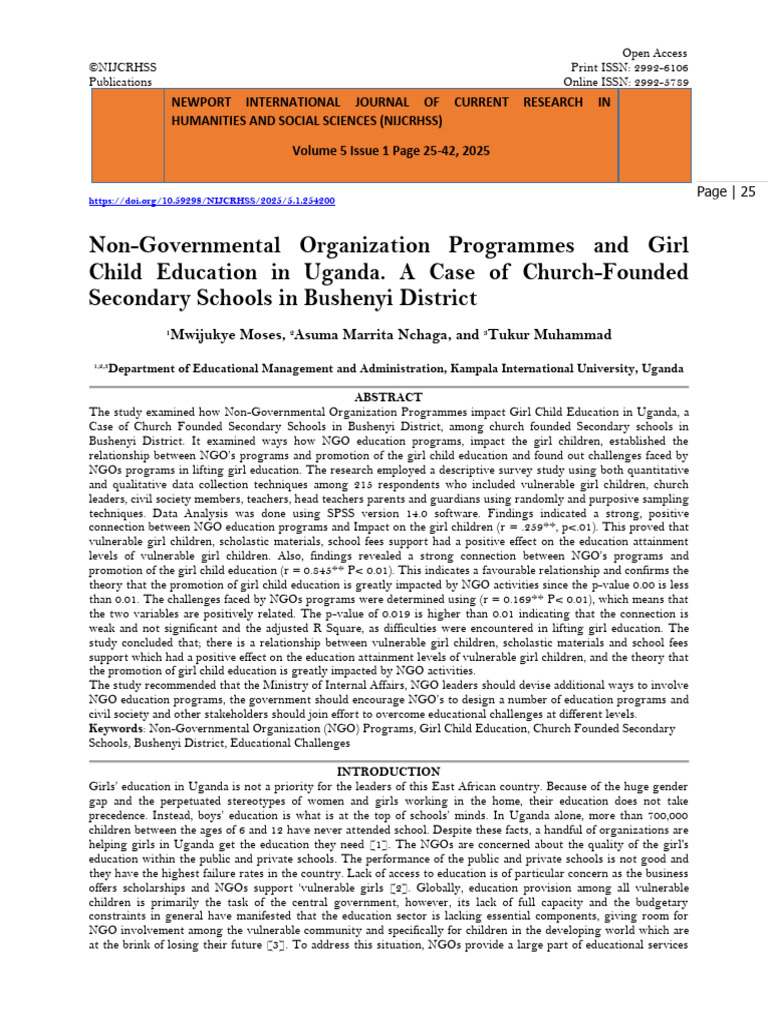 Non-Governmental Organization Programmes and Girl Child Education in ...