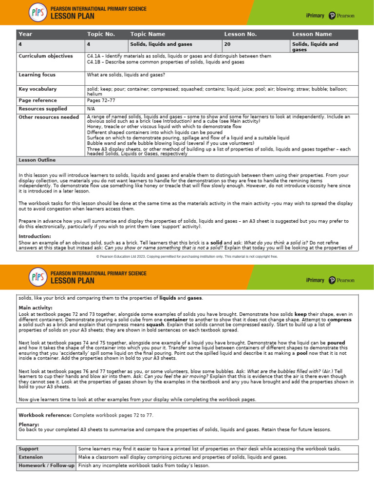 Y4 LessonPlan Solids Liquids and Gases | PDF | Thermometer | Temperature