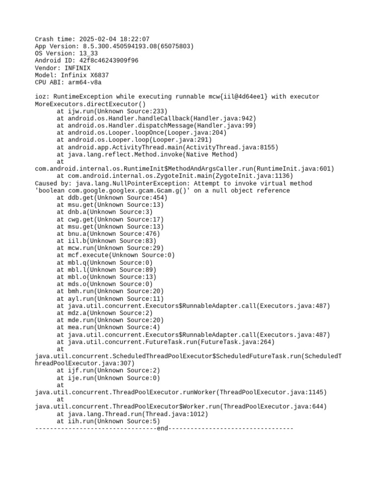 Infinix App Crash Report: Null Pointer Exception | PDF