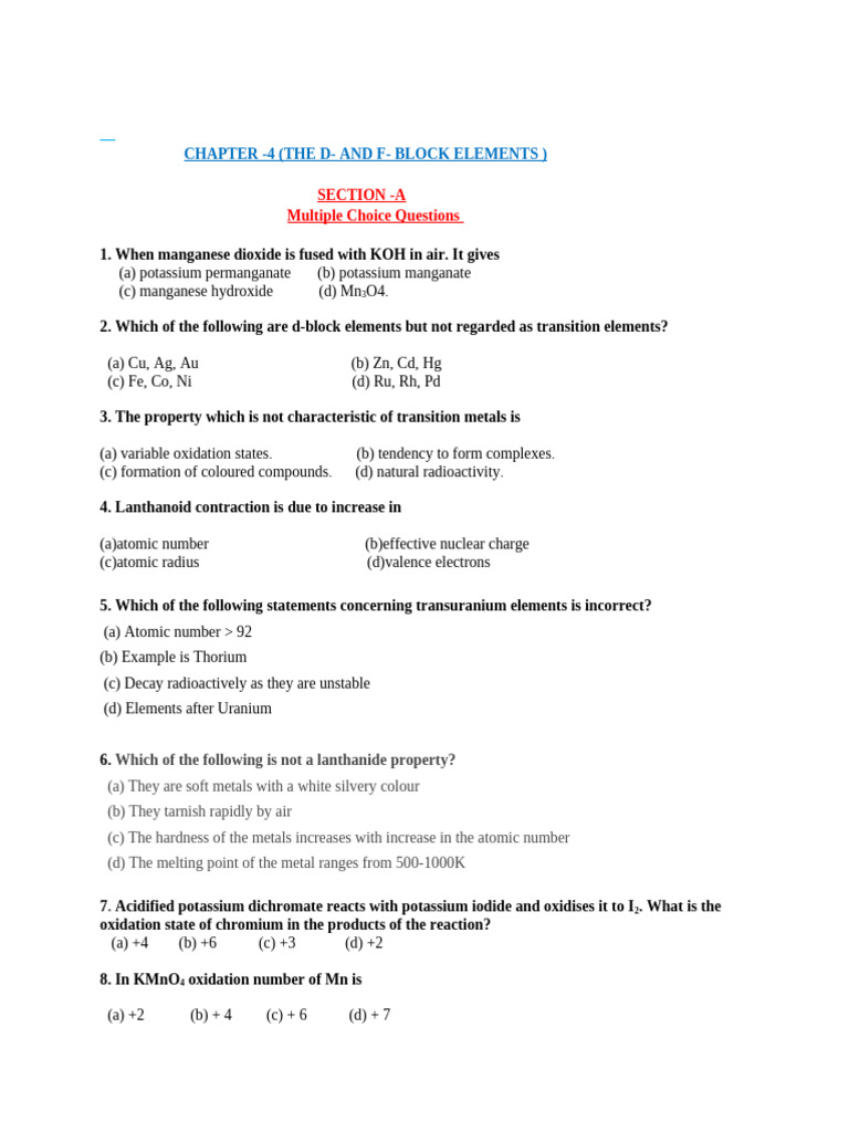 D- and F- Block Elements MCQs and Concepts | PDF | Transition Metals ...