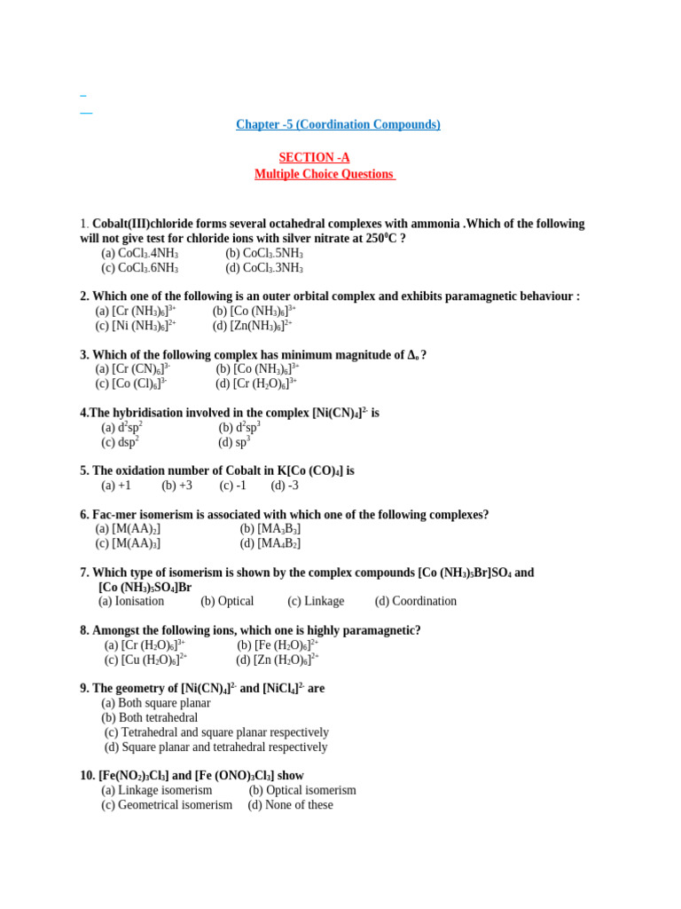 Chemistry CH-5 Coordination Compounds) | PDF | Coordination Complex | Isomer