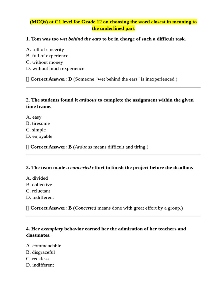 C1 and C2-Level Multiple-Choice Questions (MCQS) On Synonym. Antonym | PDF | Courage