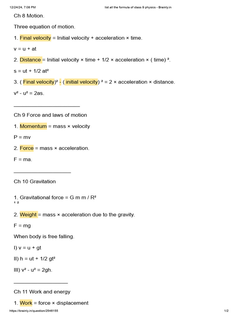 Physics All Formula For Grade III Sums List All The Formula of Class 9 Physics - Brainly - in | PDF