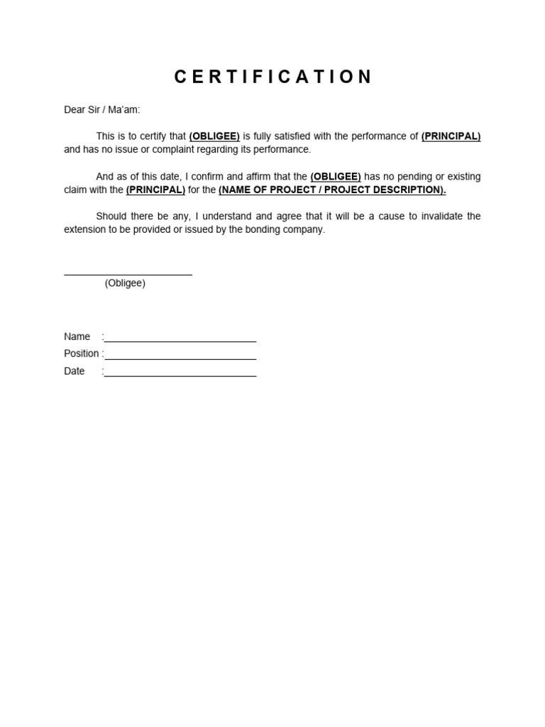 Certification of Performance Satisfaction | PDF