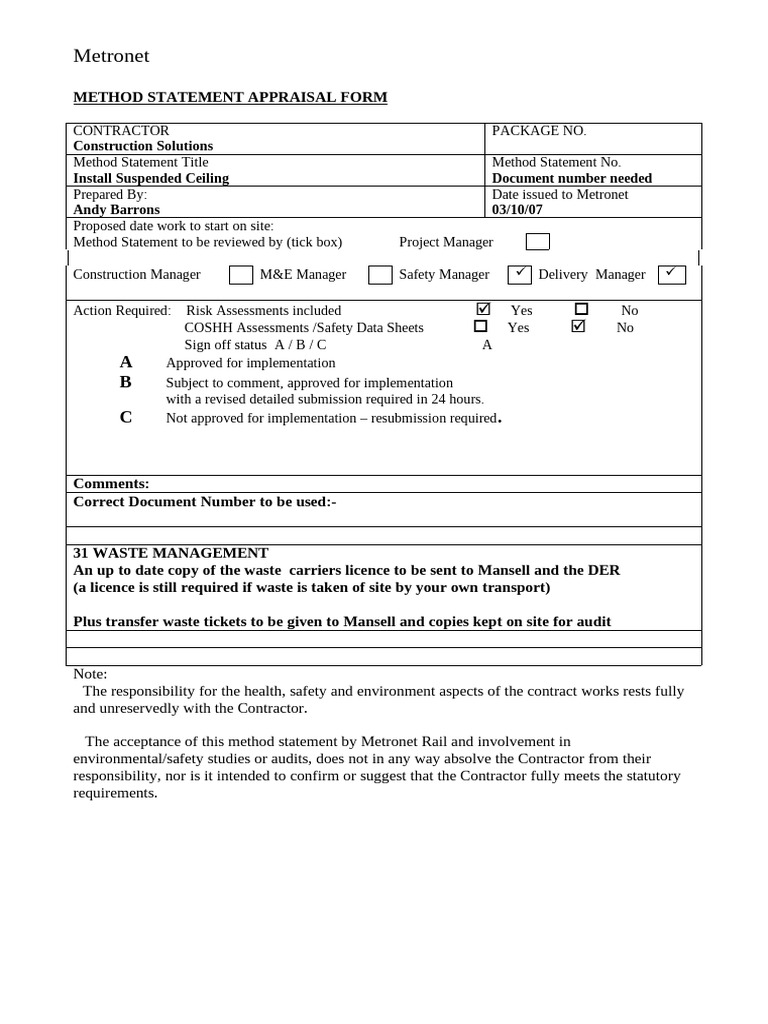 Suspended Ceiling Construction Solutions Method Statement Appraisal | PDF