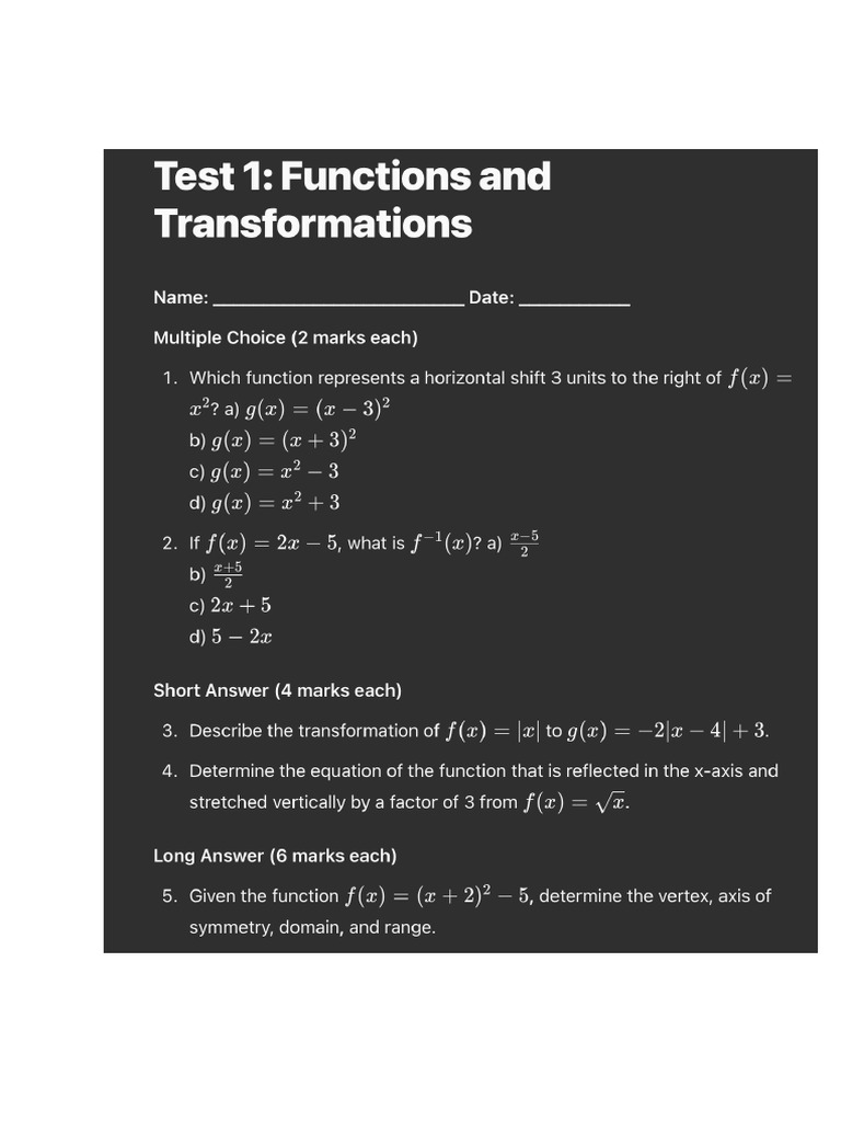 Mcv3u Functions Transformation Test | PDF