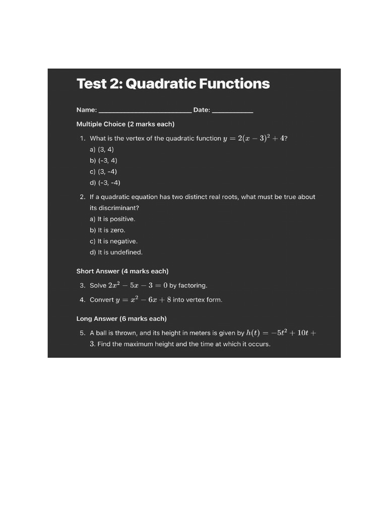 Mcv3u Test 2 - Quadratic Functions | PDF