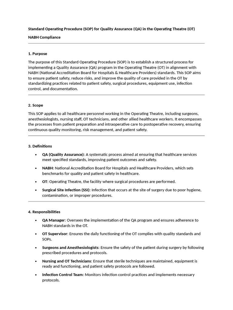 Standard Operating Procedure (SOP) For Quality Assurance (QA) in The Operating Theatre (OT ...