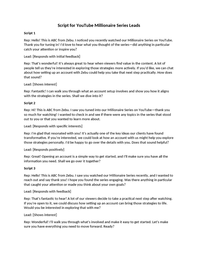 YouTube Millionaire Series Lead Scripts | PDF
