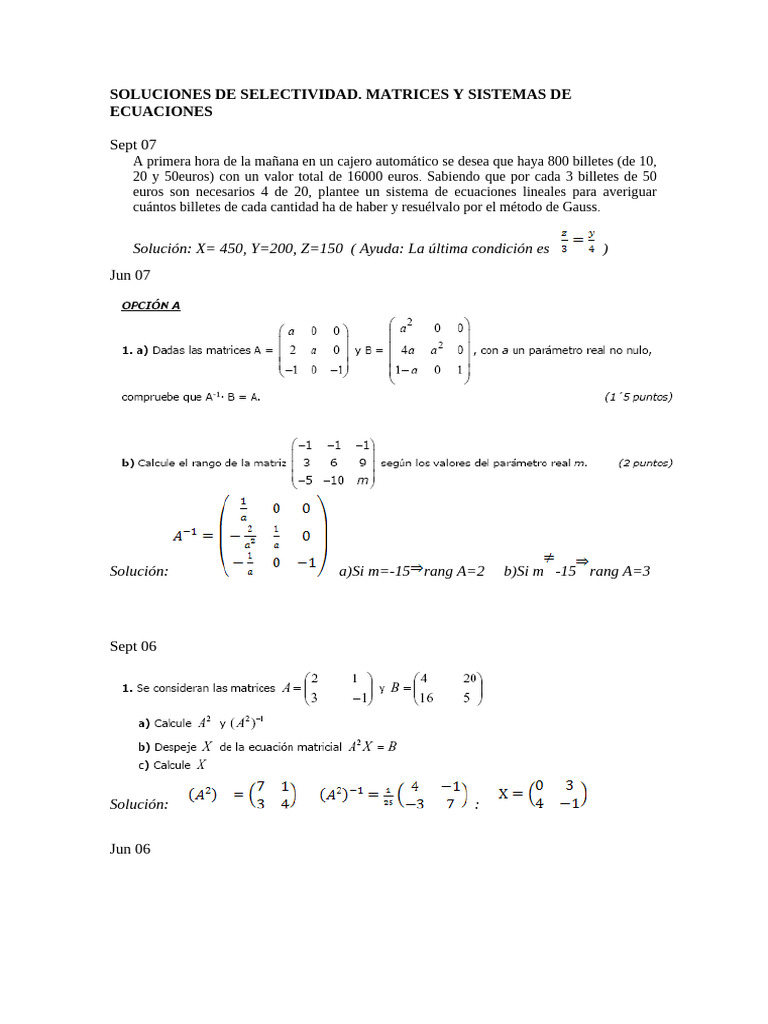 Soluciones Ejercicios de Selectividad Matrices | PDF