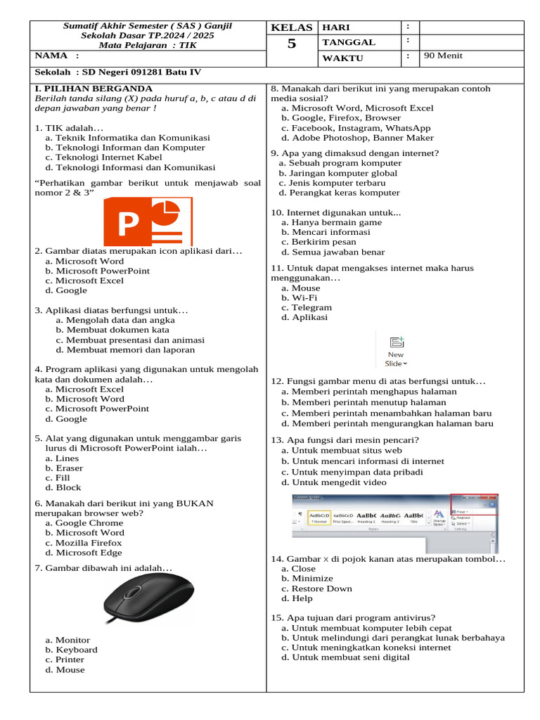 Soal TIK Kelas 5 SD Semester Ganjil | PDF