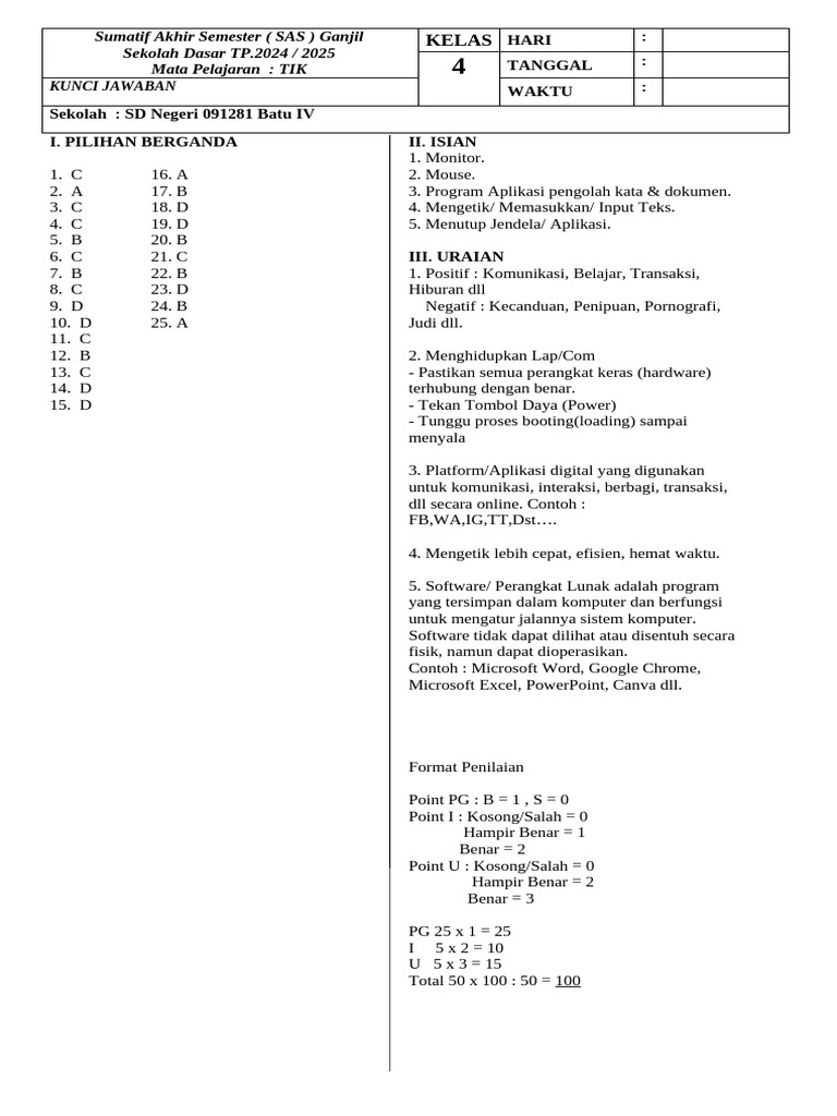 Kunci Jawaban UAS TIK KLS 4 | PDF