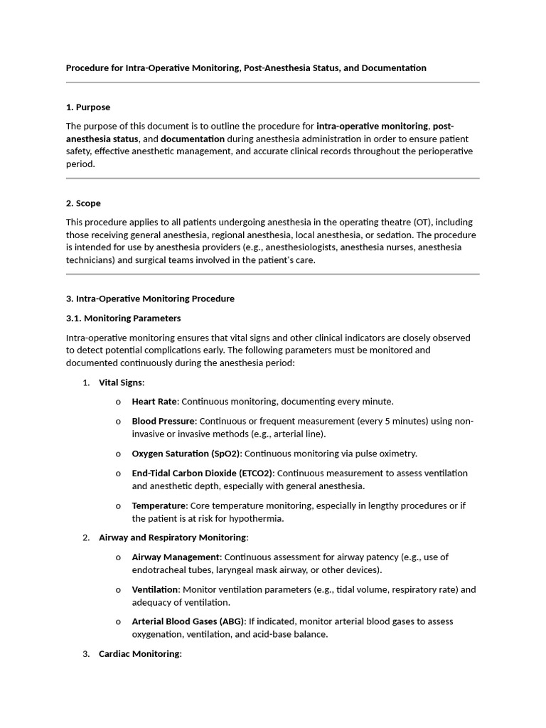 SOp for intraop monitoring OT | PDF | Anesthesia | Monitoring (Medicine)
