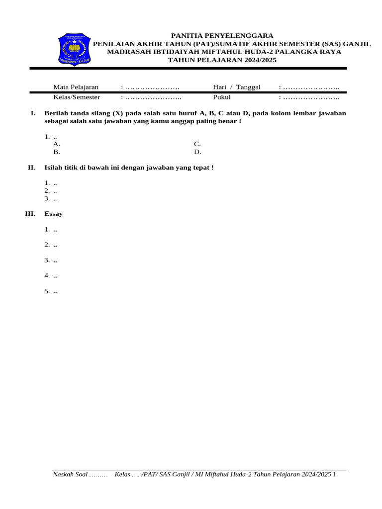 KOP SOAL PAT-SAS GANJIL 2024 KELAS 4, 5 Dan 6 | PDF