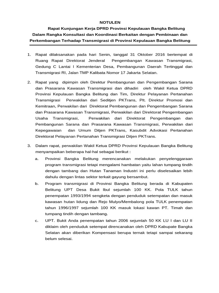 Notulen Rapat KUNKER DPRD Provinsi Babel | PDF