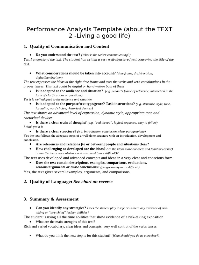 Performance Analysis Template-1 | PDF | Verb | Phrase