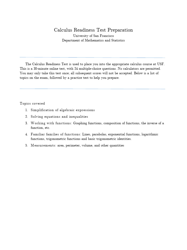 Calculus Readiness Test Guide | PDF | Function (Mathematics ...