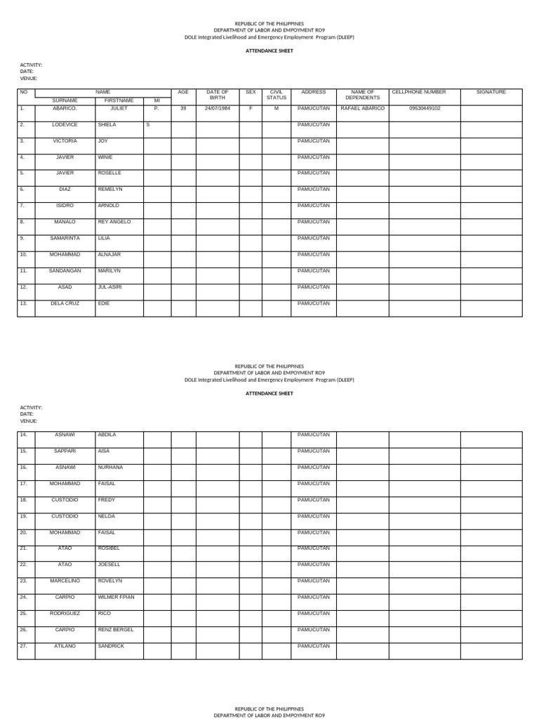 TUPAD ATTENDANCE SHEET | PDF | Employment | Labor