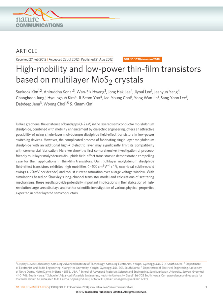 High-Mobility Multilayer MoS2 Transistors | PDF | Field Effect ...