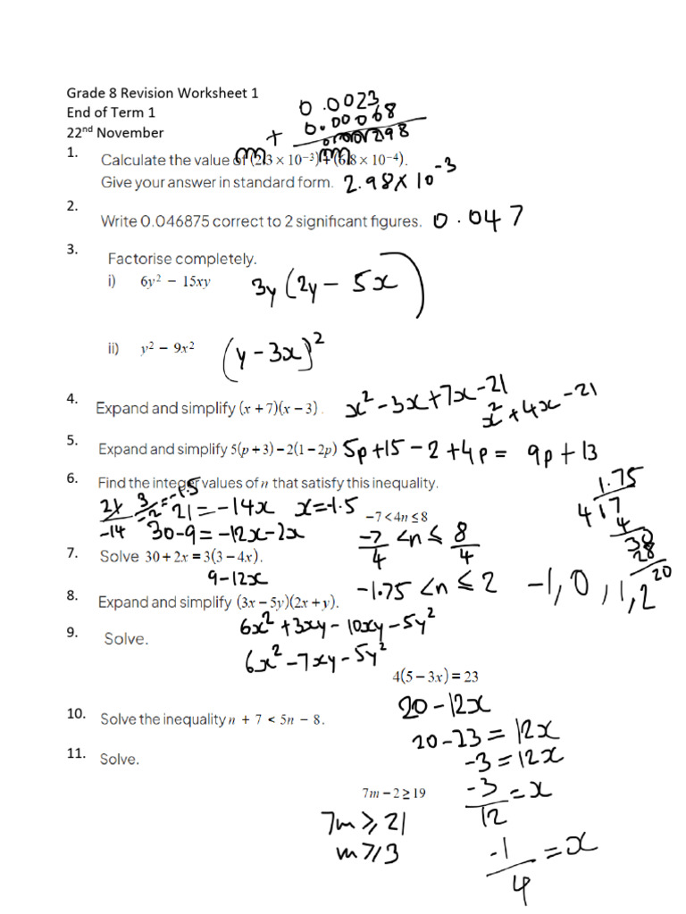 Grade 8 Term 1 Revision Worksheet | PDF