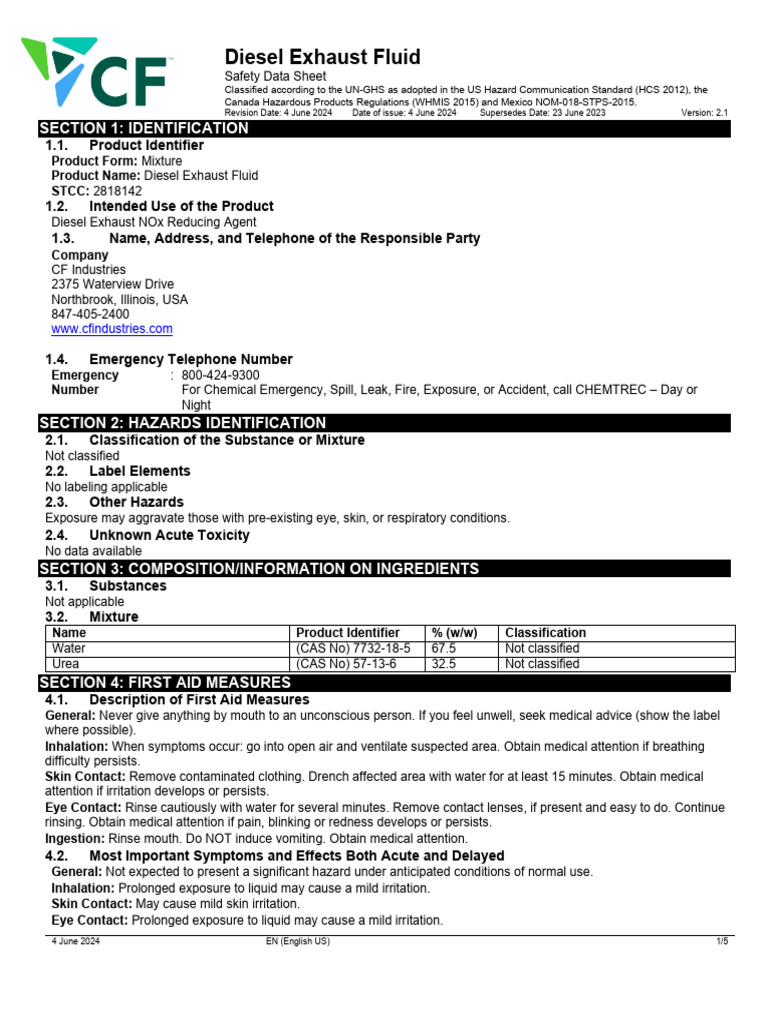 Diesel Exhaust Fluid Safety Data Sheet | PDF | Personal Protective ...