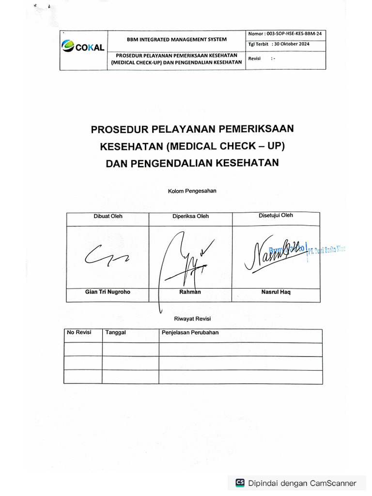 SOP-BBM-HSE-KES-003 PROSEDUR PELAYANAN PEMERIKSAAN KESEHATAN (MEDICAL CHECK UP) DAN PENGENDALIAN ...