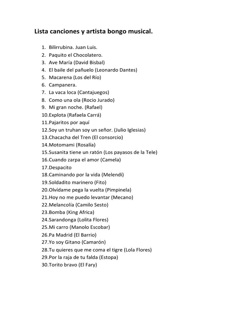 Lista Canciones y Artista Bongo Musical | PDF