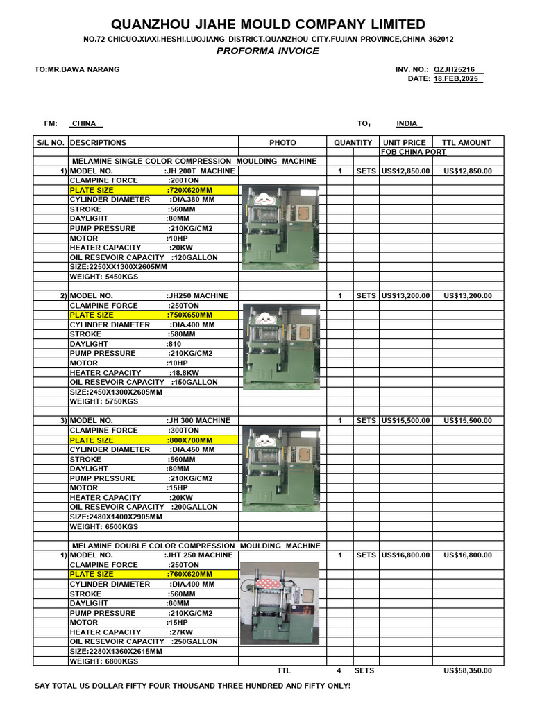 Melamine Moulding Machines Invoice | PDF | Mechanical Engineering | Engines