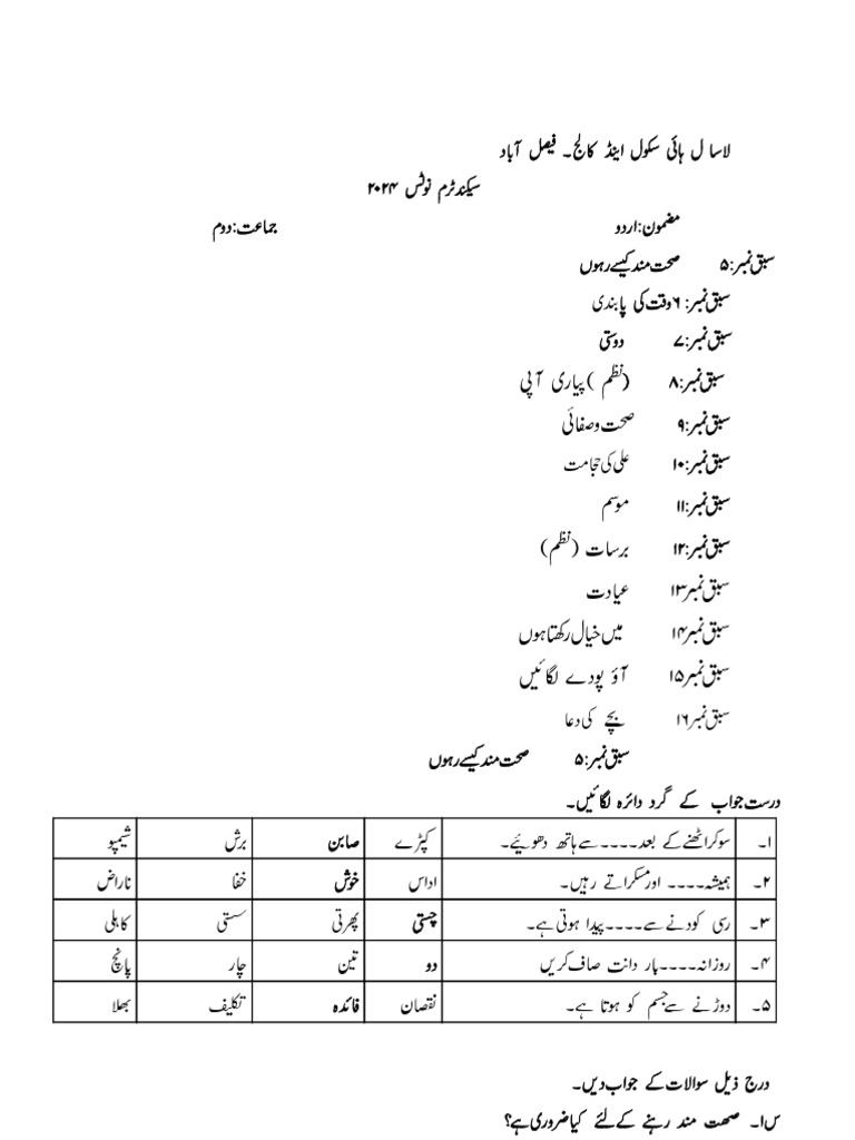 Urdu Notes 2 Term Class 2 | PDF
