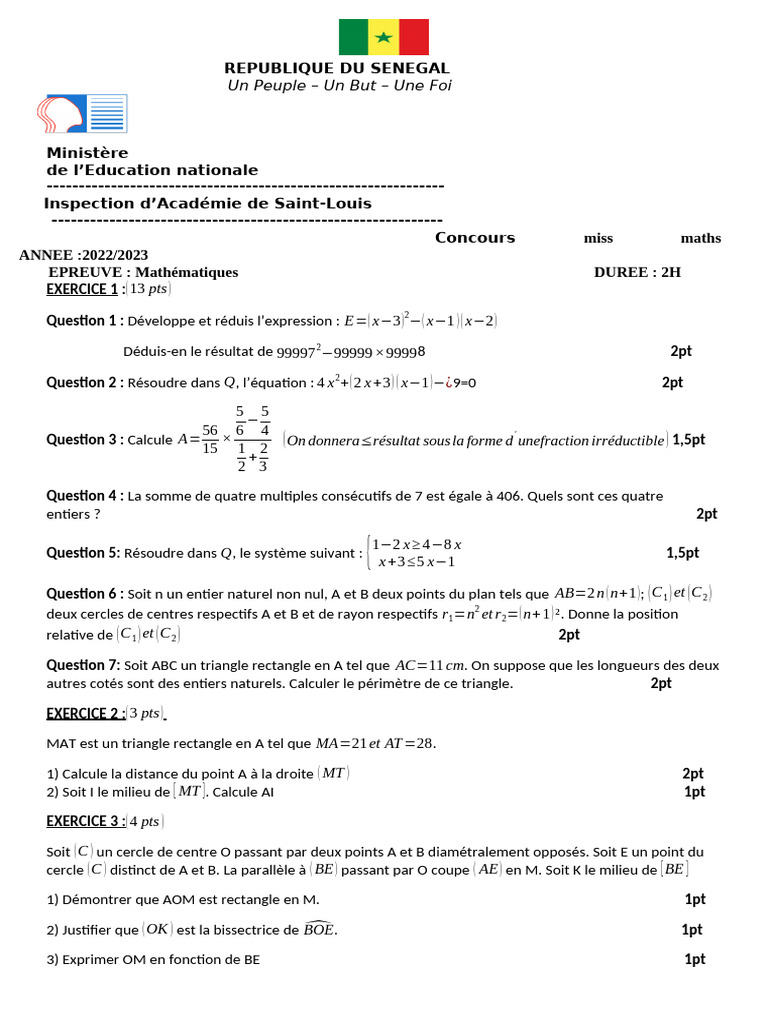 Épreuve Miss Maths 2023 Sénégal | PDF | Triangle | Géométrie euclidienne