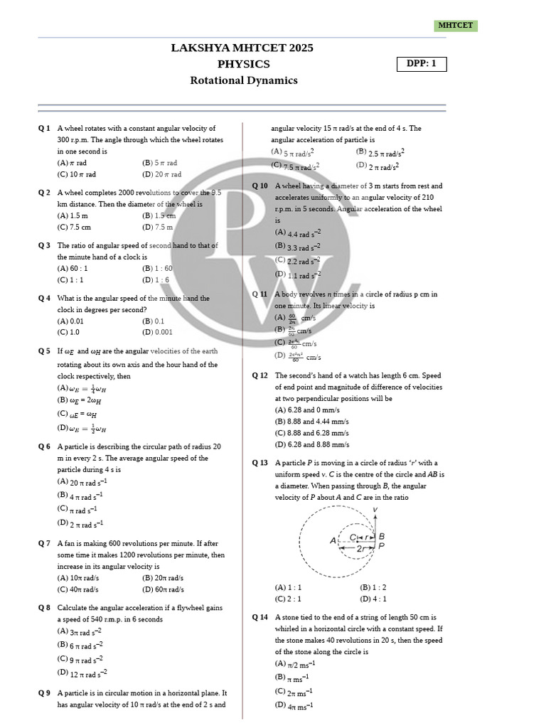 Rotational Dynamics _ DPP 01 (of Lec 02) __ Lakshya MHTCET 2025 | PDF | Rotation Around A Fixed ...