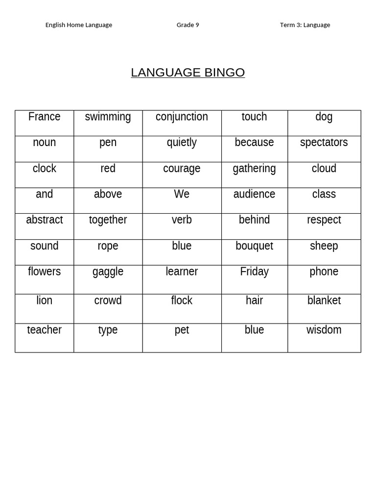 Grade 9 Language Bingo Terms List | PDF