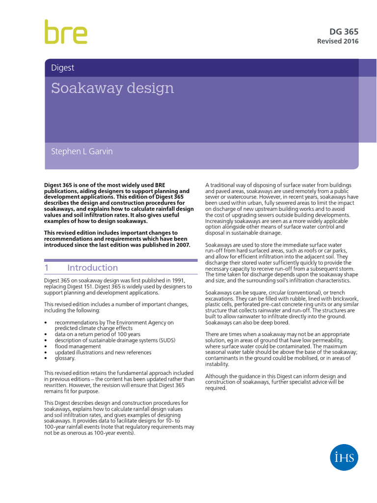 BRE Digest 365: Soakaway Design Guide | PDF | Storm Drain | Drainage