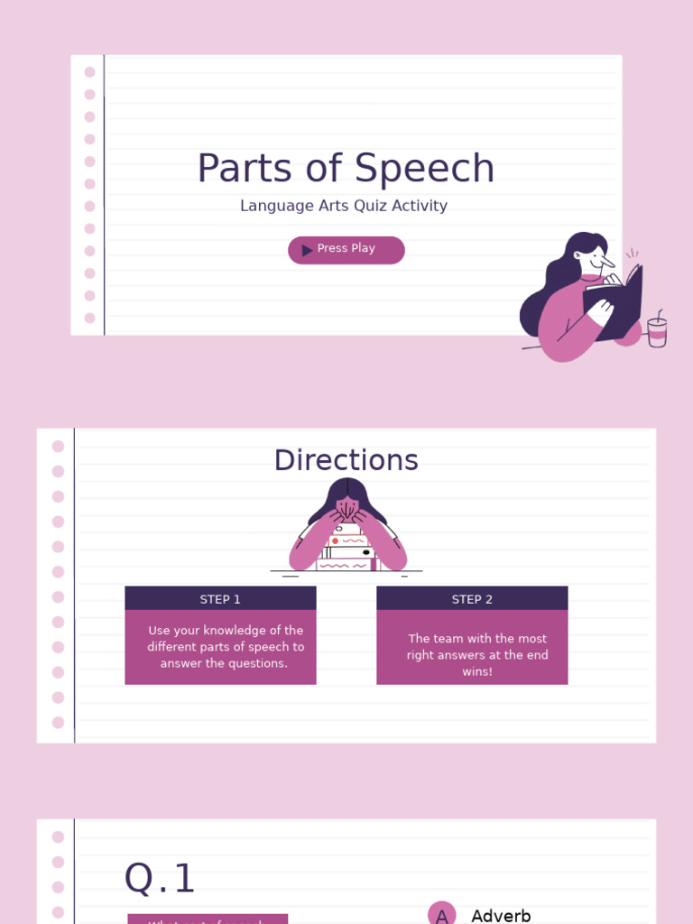 Language Arts Parts of Speech Quiz Presentation in Purple and Pink ...