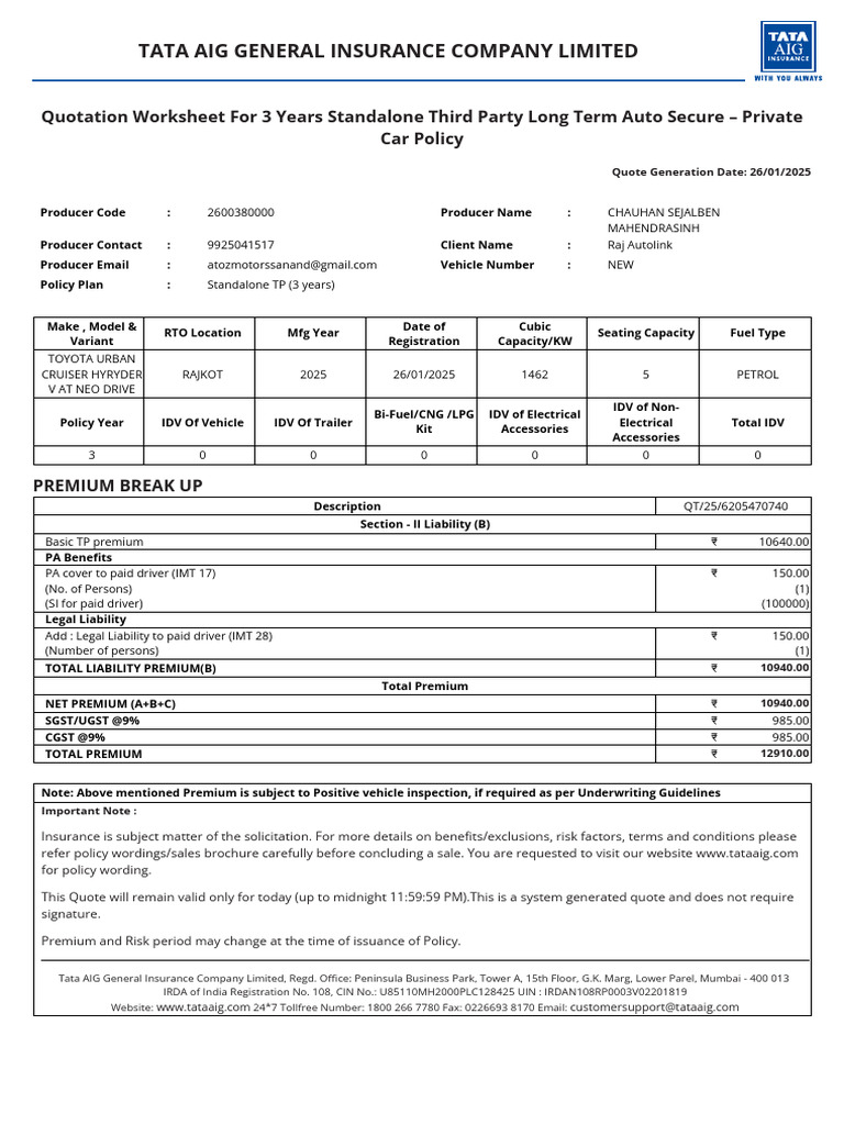 Tata AIG Motor Premium Quo New | PDF | Insurance | Vehicle Technology