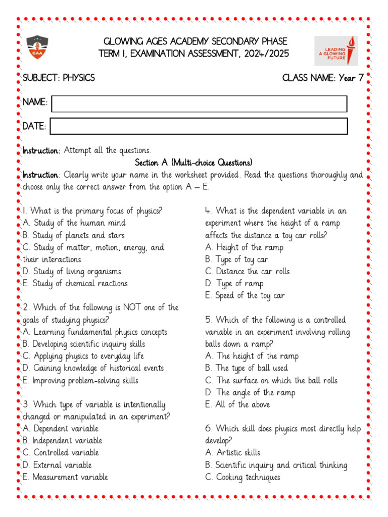 Year 7 Physics Exam Assessment 2024 | PDF | Sound | Mirror