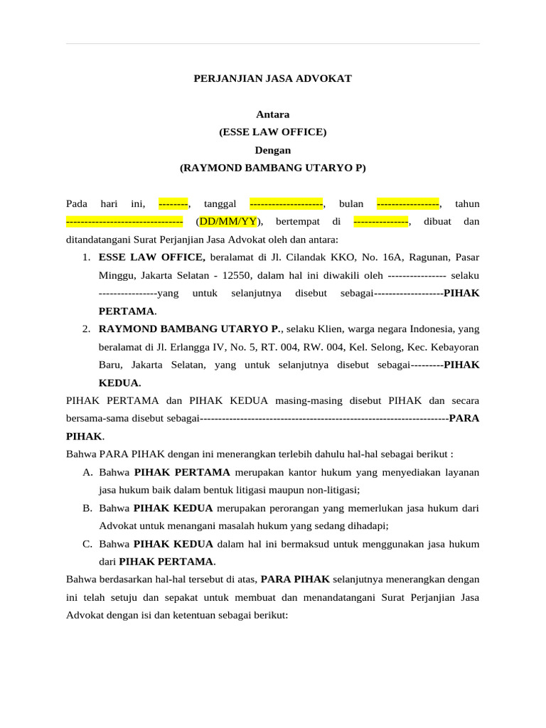 Draf Perjanjian Jasa Advokat | PDF
