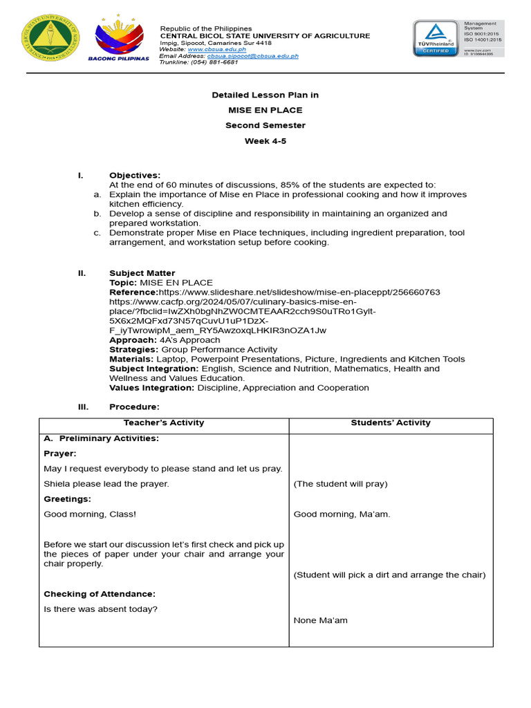 Detailed Lesson Plan: Mise en Place | PDF | Cooking | Kitchen