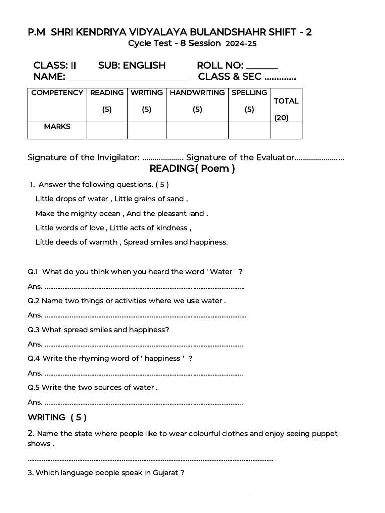 Class II English Cycle Test 2024-25 | PDF | Languages Of India ...